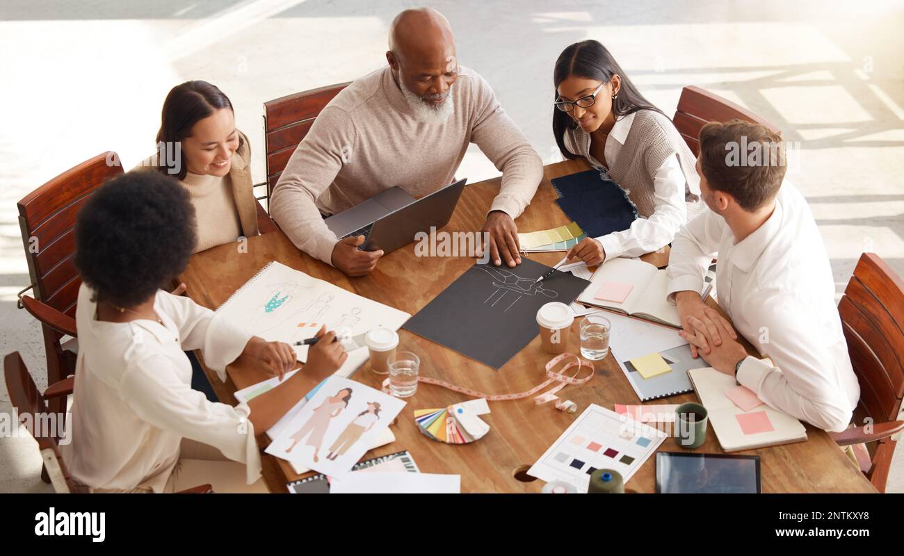 Creative business people, meeting and planning above in fashion design ...