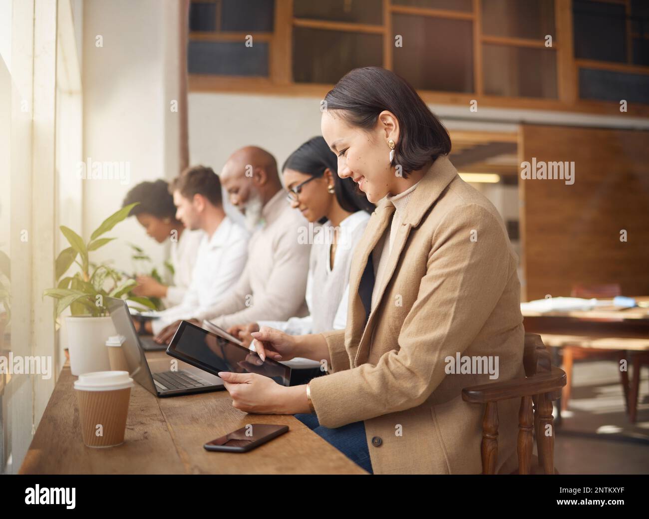 Working team, coffee shop and collaboration of web design group with ...