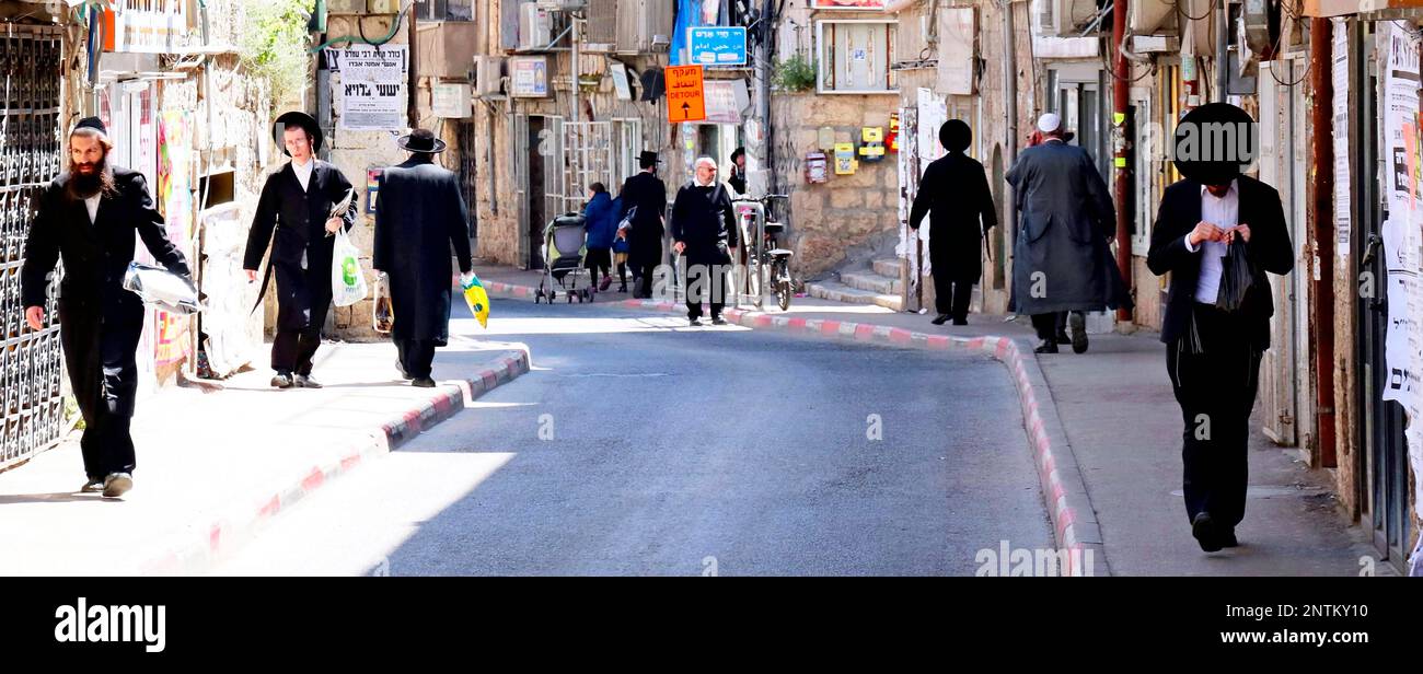 Haredi Judaism, ultra-Orthodox Judaism, men wearing a black suit and a ...