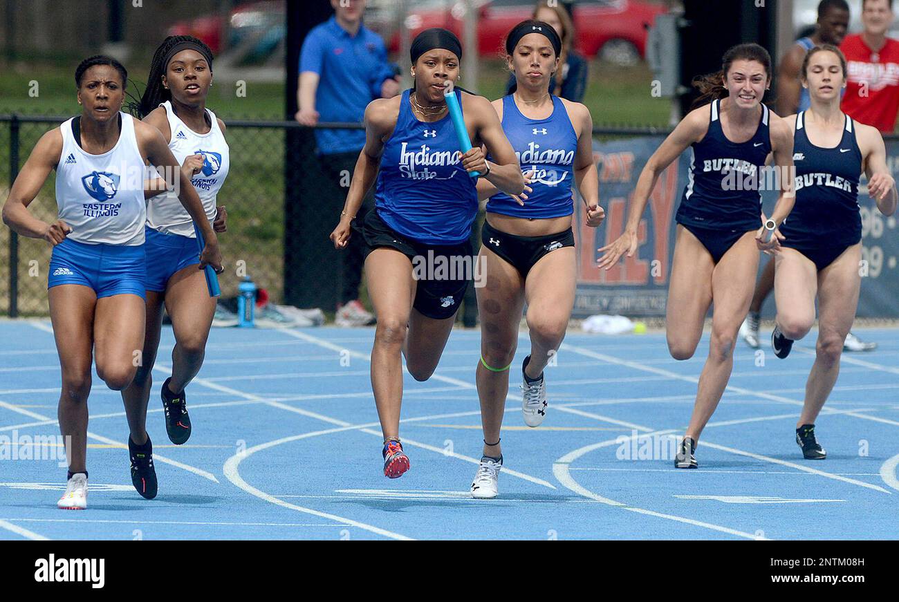 Indiana State's Faith Lindsey, center, takes off with her relay teams ...