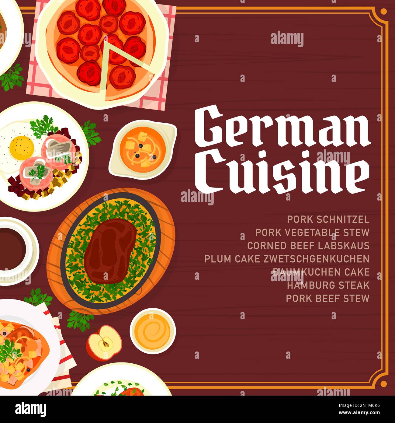 German cuisine menu design template. Corned beef Labskaus, pork ...
