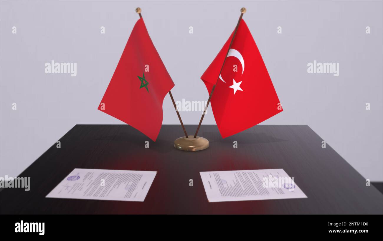 Morocco and Turkey flags at politics meeting. Business deal 3D ...