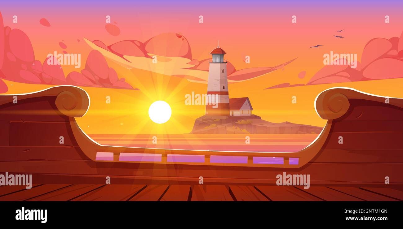 Sea sunset landscape with lighthouse on island, ship deck view. Cartoon ...