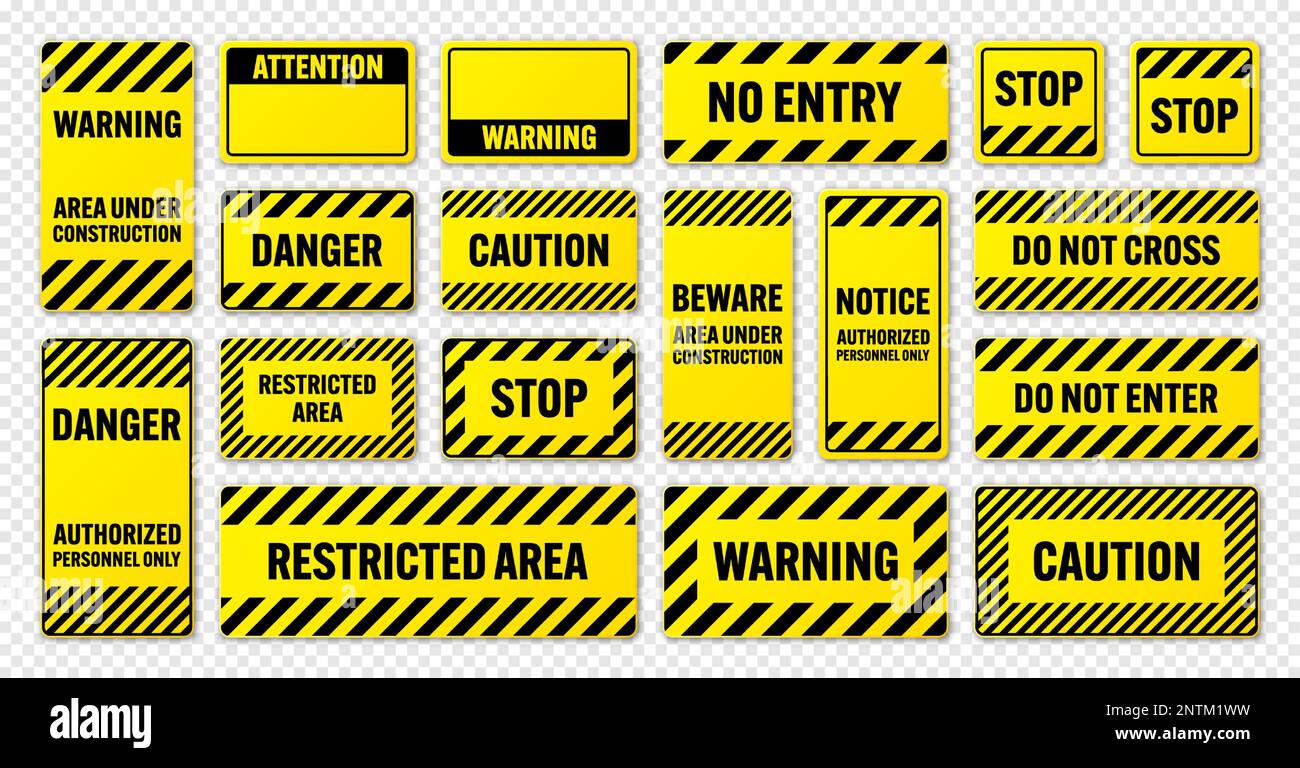 Various black and yellow warning signs with diagonal lines. Attention ...