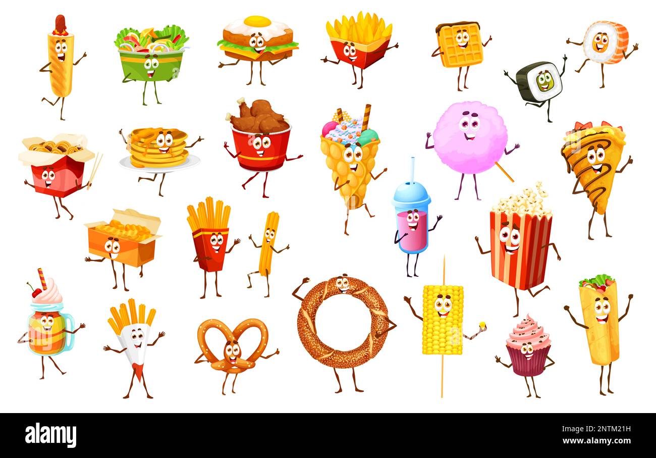 Fast food funny characters. French fries, chicken legs, popcorn and hot ...