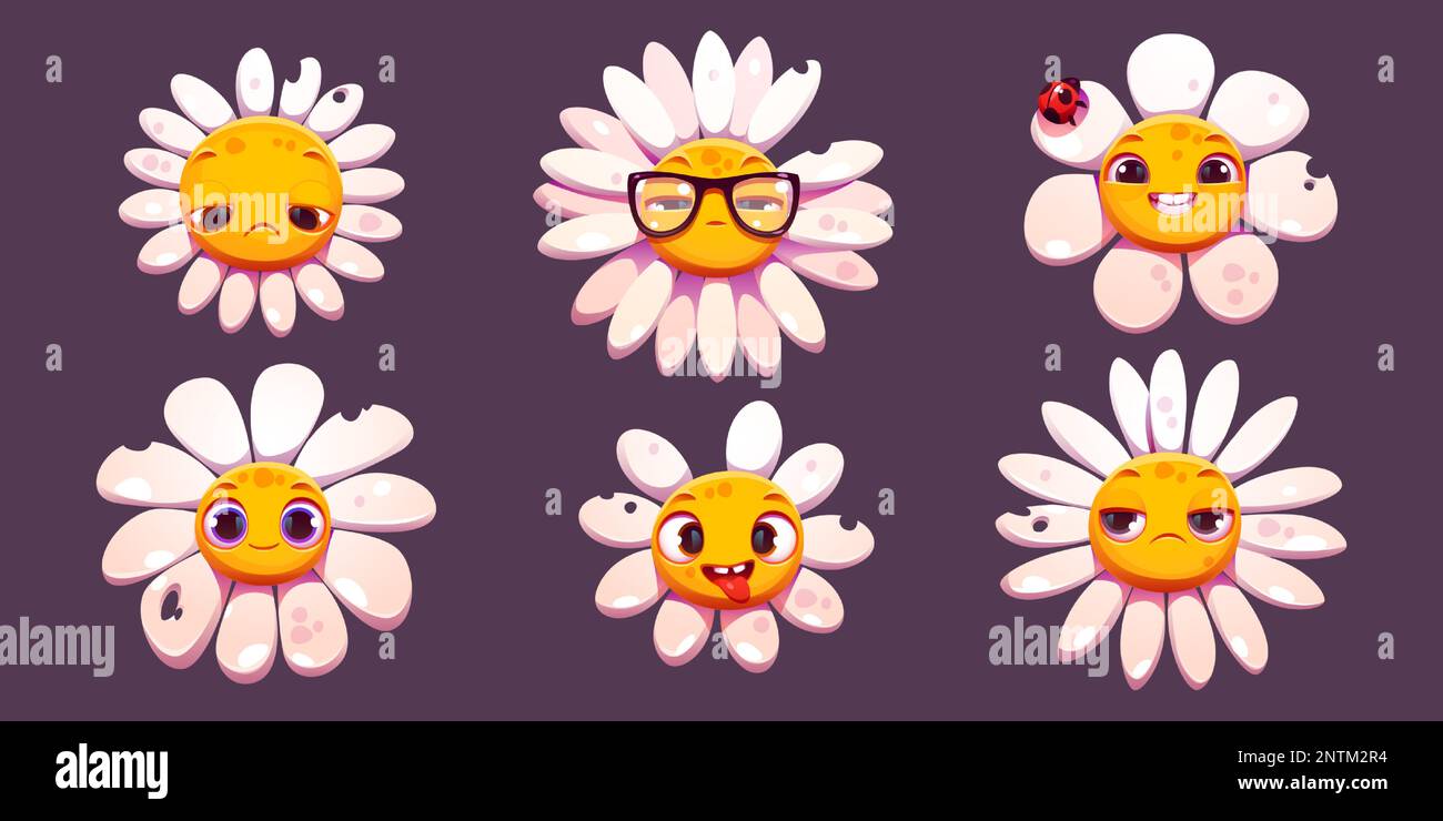 Daisy chamomile face emotions cartoon vector set. Isolated camomile flower character with bitten ...