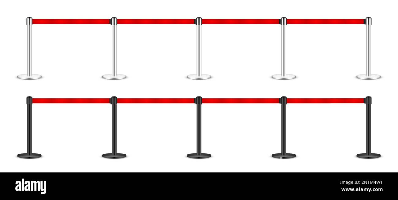 Realistic red retractable belt stanchion. Crowd control barrier posts ...