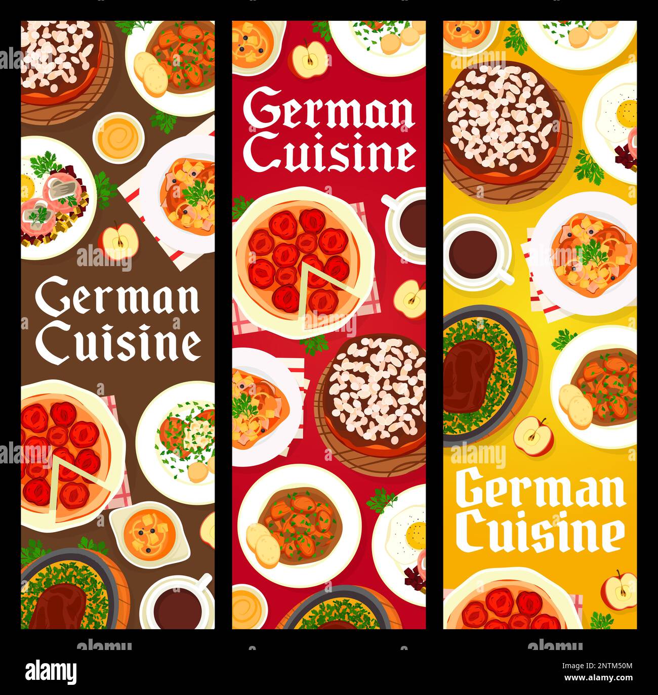 German cuisine restaurant meals banners. Pork beef stew, pork vegetable ...
