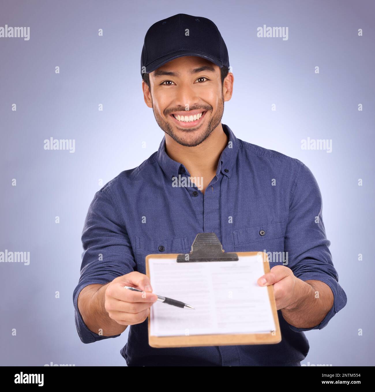 Delivery, signature and portrait of Asian man with paperwork isolated ...