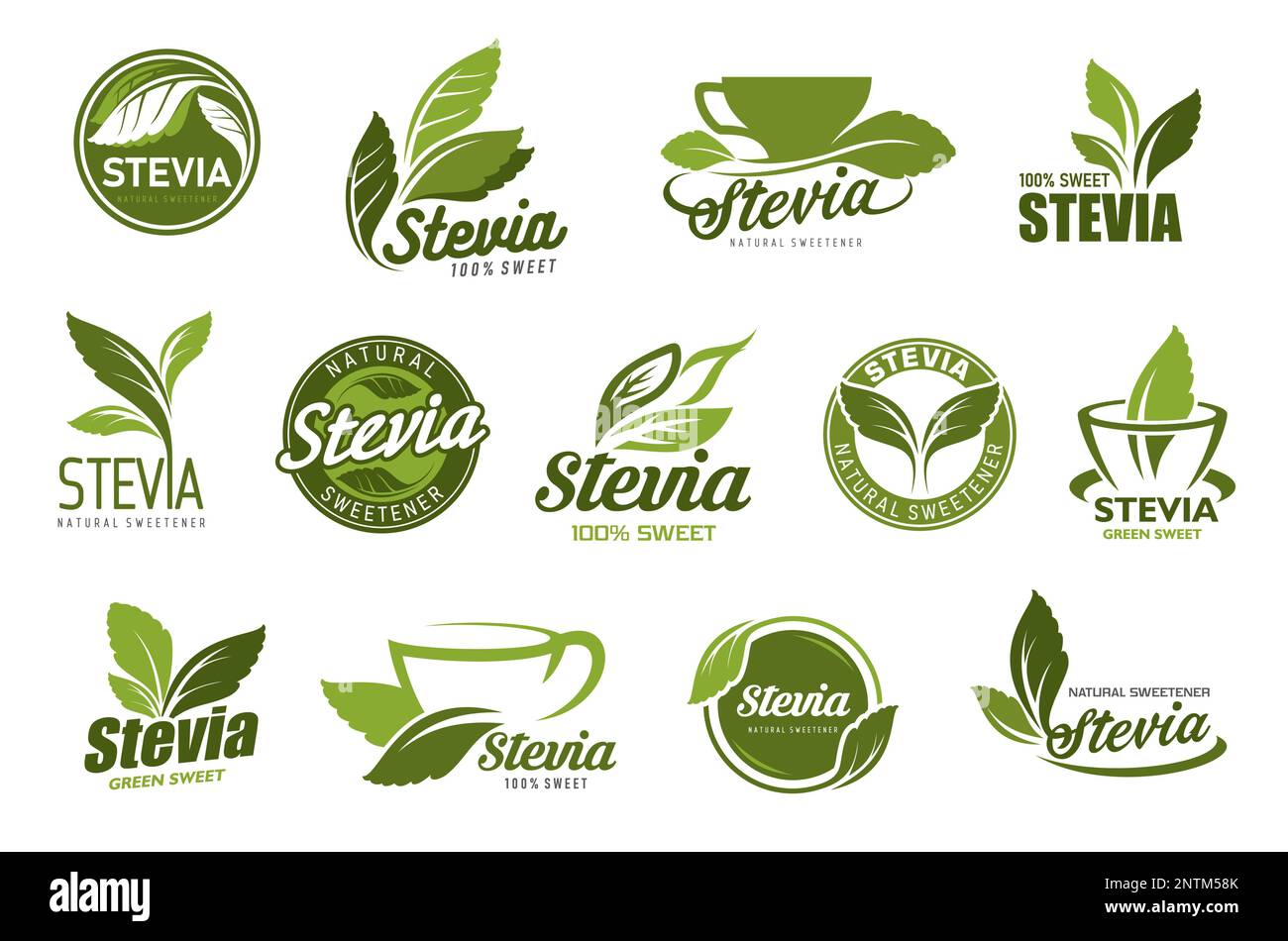 Stevia leaf and herbal extract icons. Stevia product stickers, natural ...