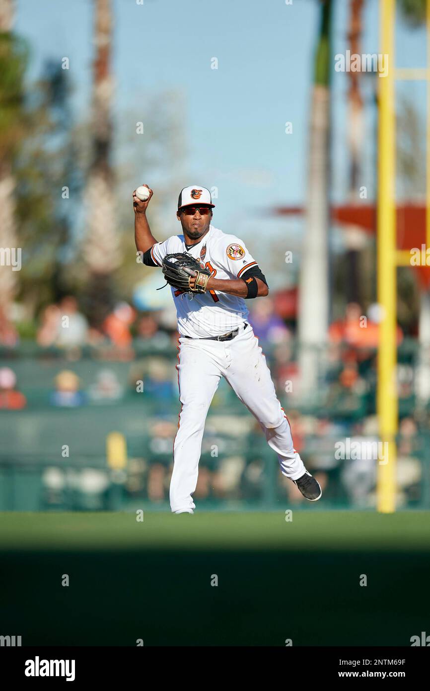Baltimore Orioles shortstop Alcides Escobar (1) throws to first base ...