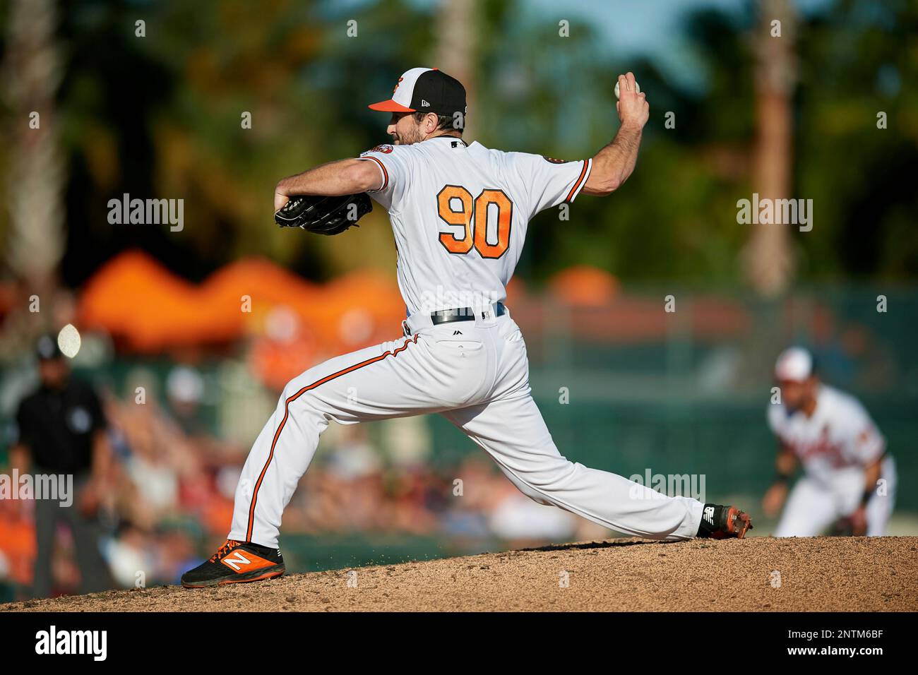 Baltimore Orioles relief pitcher Lucas Long (90) delivers a pitch ...