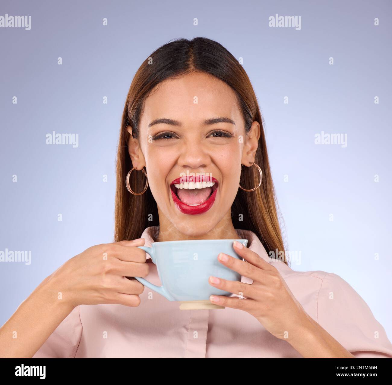 Happy, smile and coffee with portrait of woman for relax, lunch break ...