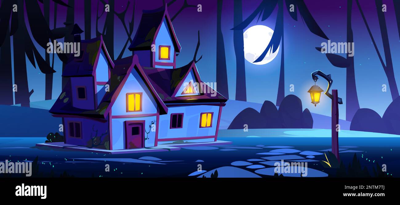 Witch house in forest landscape at night. Beautiful scary scene for ...