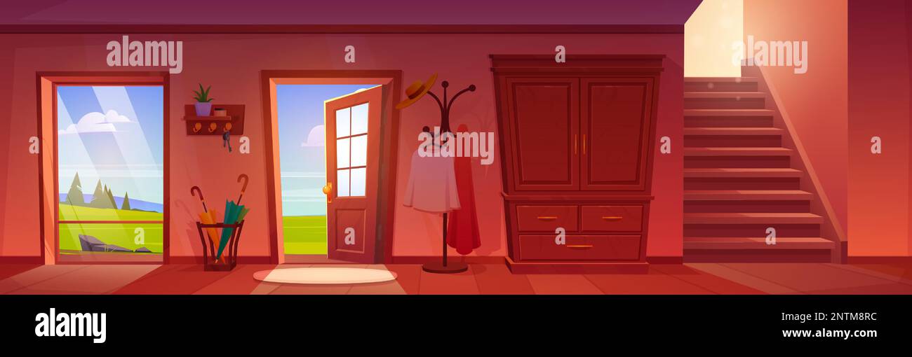 Hallway cartoon interior with stairs and open door in vector. Summer ...