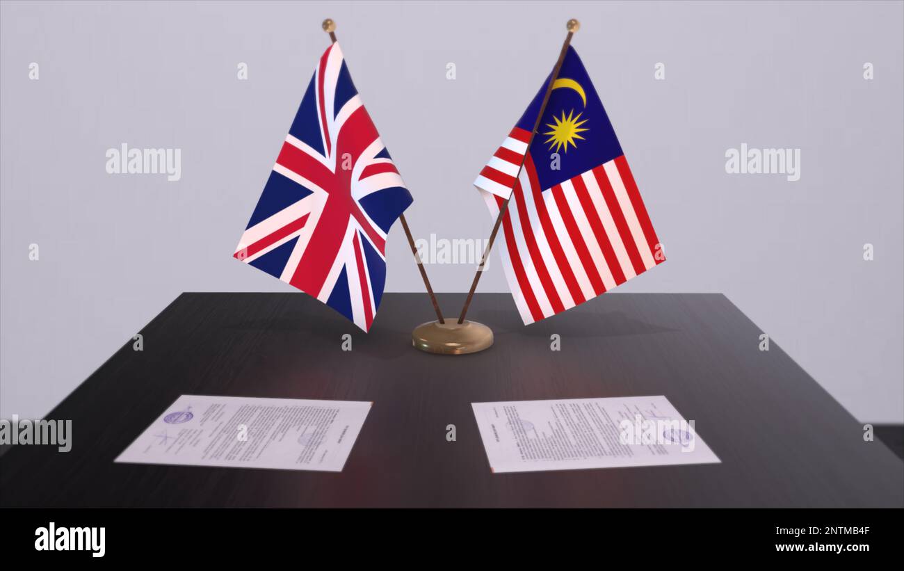Malaysia and UK flag. Politics concept, partner deal beetween countries ...