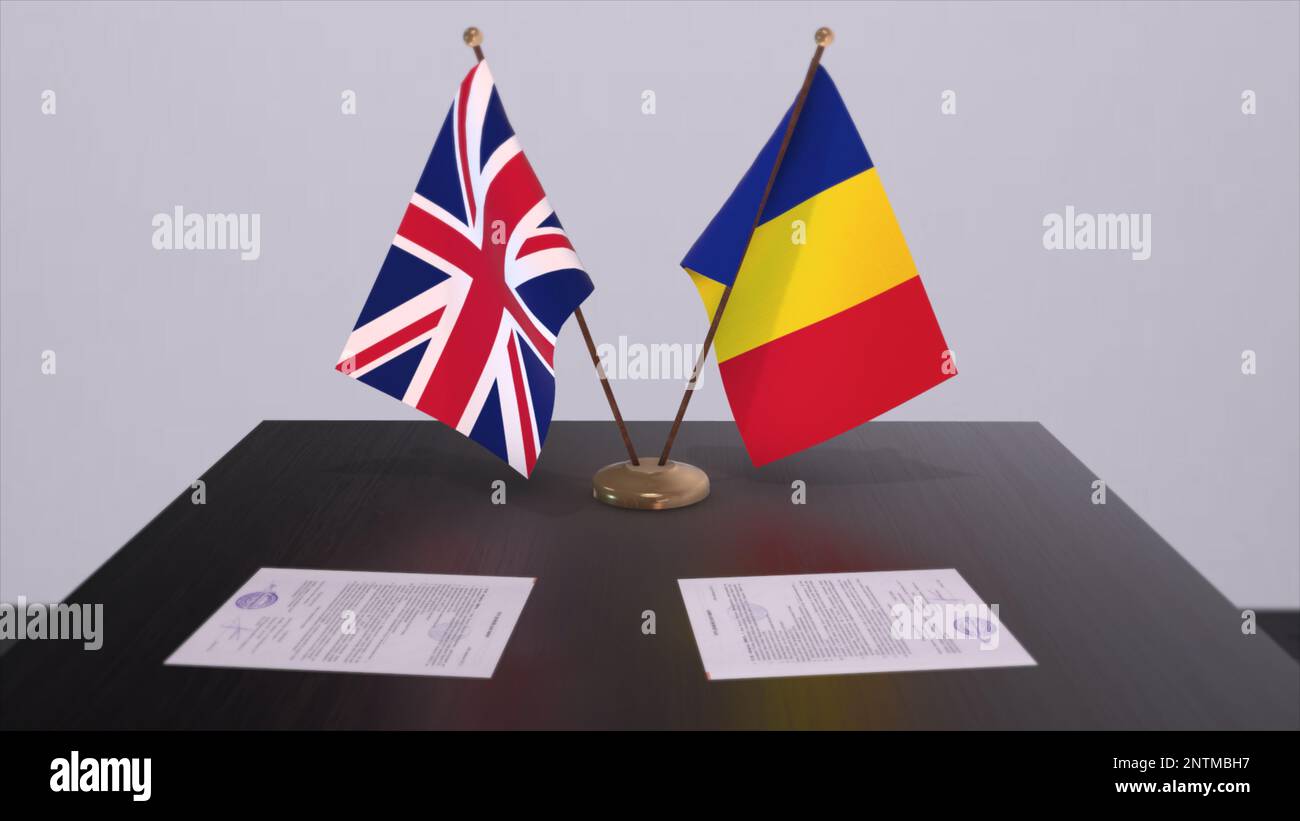 Romania and UK flag. Politics concept, partner deal beetween countries ...