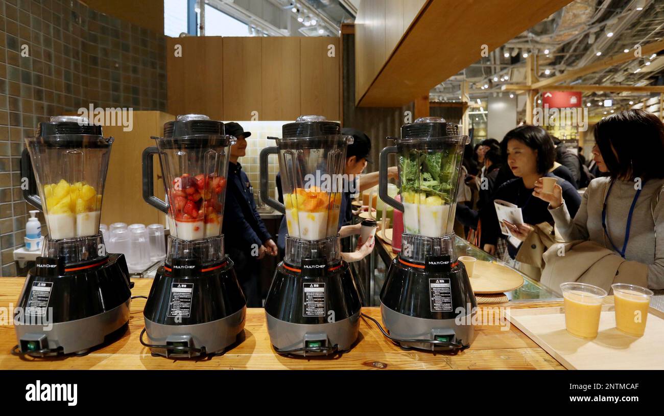 A photo shows the juice stand in "MUJI GINZA",MUJI's Global flagship ...