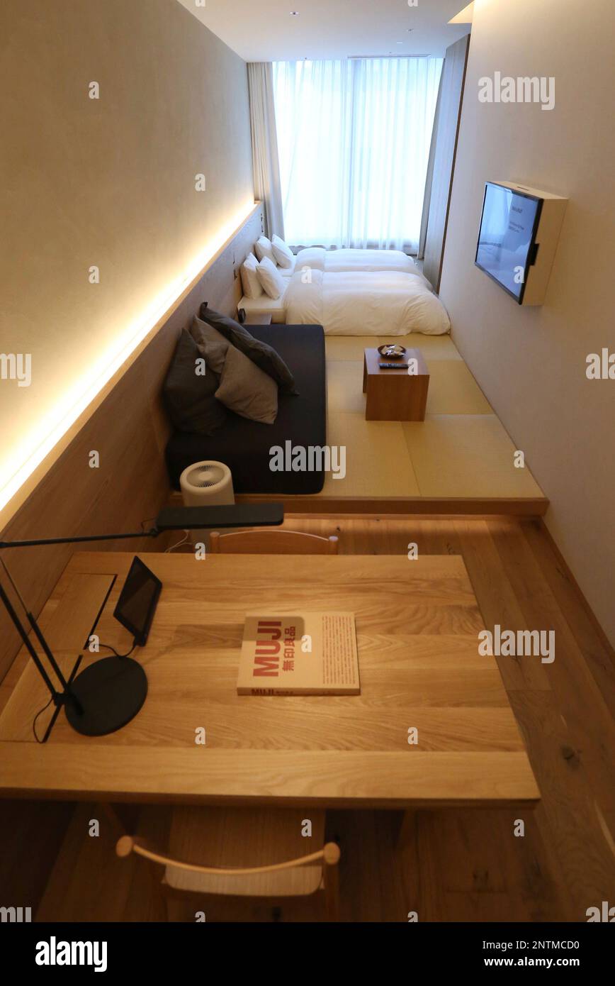 A photo shows a guest room of MUJI HOTEL GINZA unveiled to media in ...