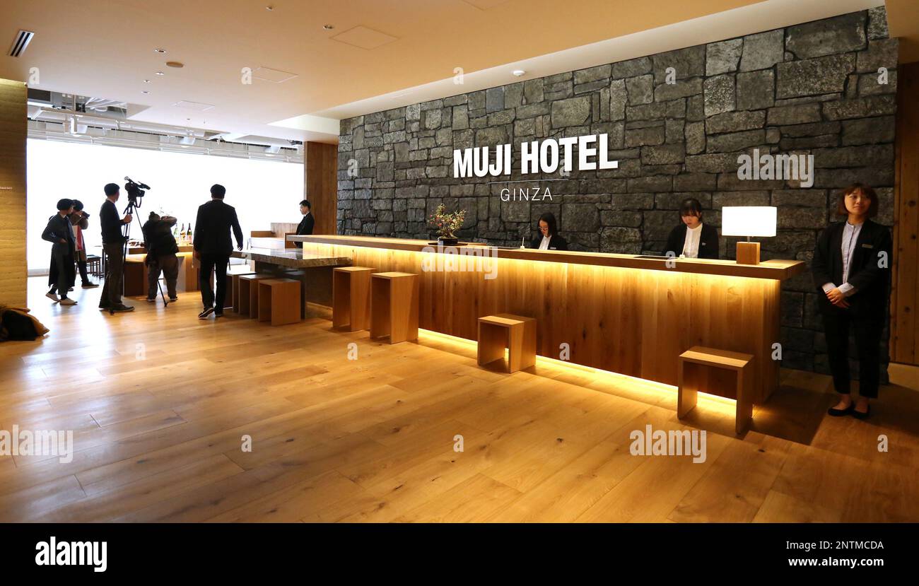 A photo shows the reception of MUJI HOTEL GINZA unveiled to media in ...
