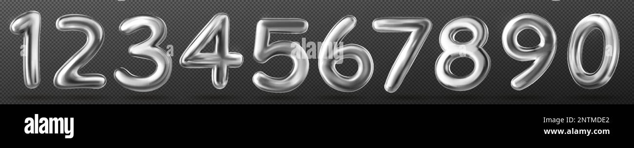 Set of silver chrome 0 to 9 numbers isolated on transparent background ...