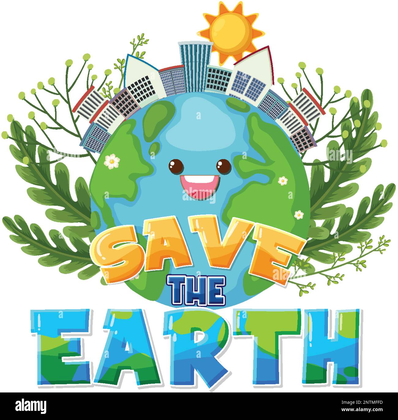 Save the earth text with a happy earth character illustration Stock ...