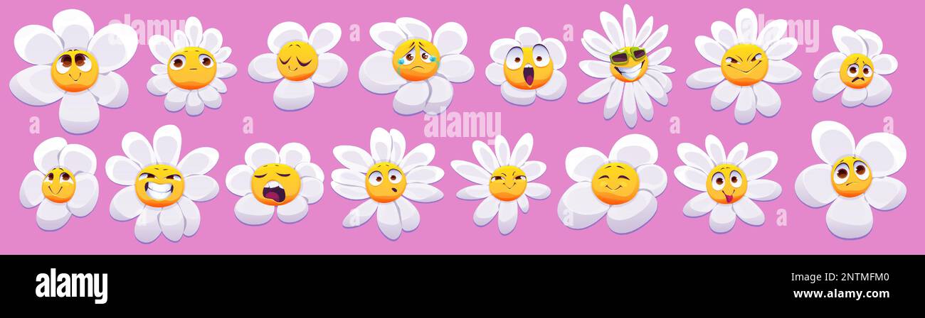 Cute daisy flower character with smiling face. Different emotions of ...