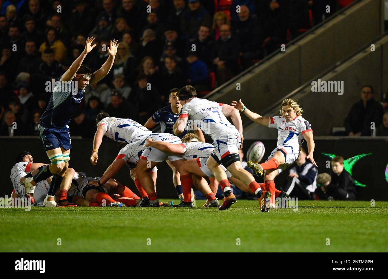 Sale Sharks scrum-half Faf De Klerk puts up a clearance kick during a ...
