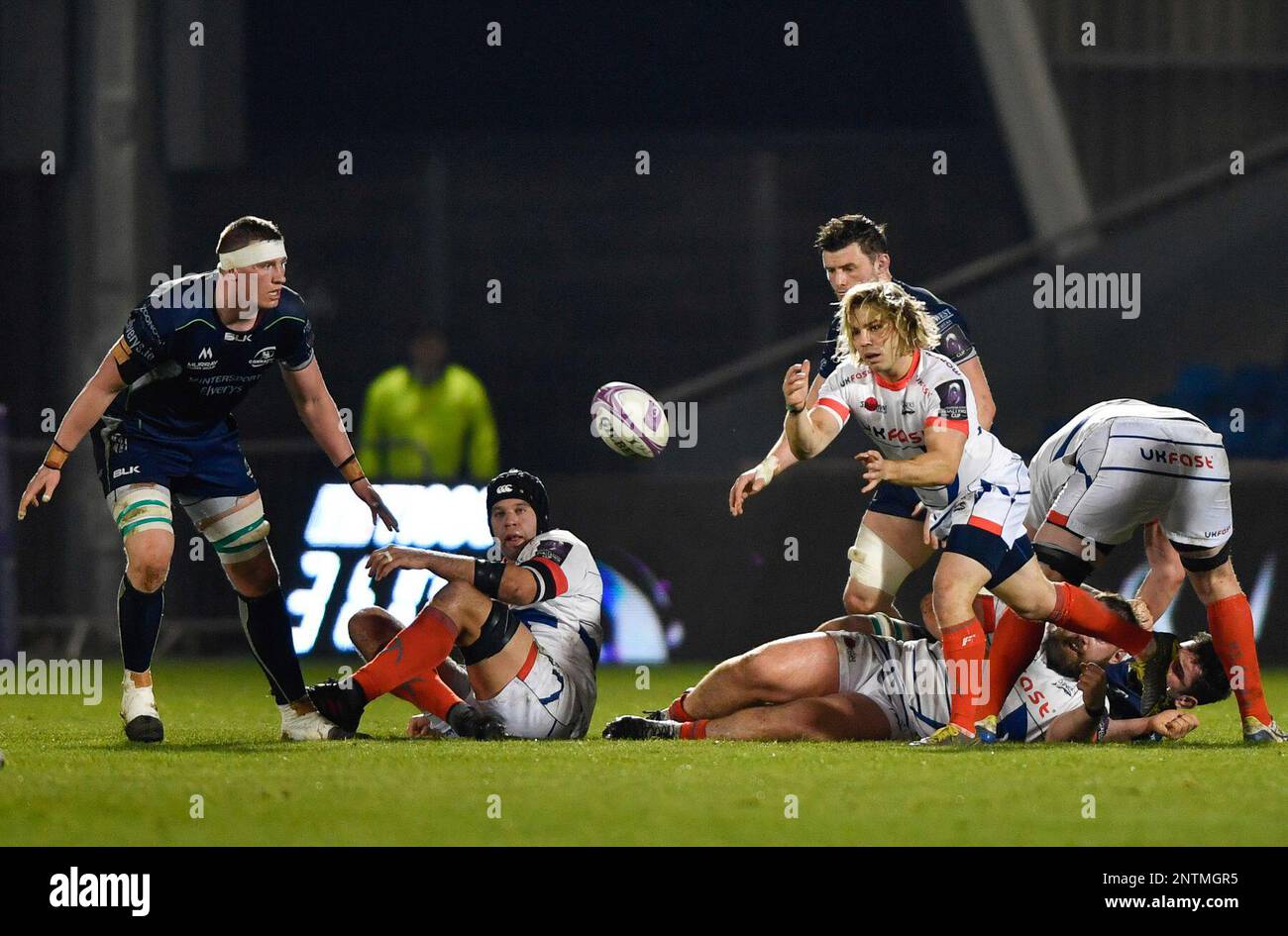 Sale Sharks scrum-half Faf De Klerk throws out a pass from a breakdown ...