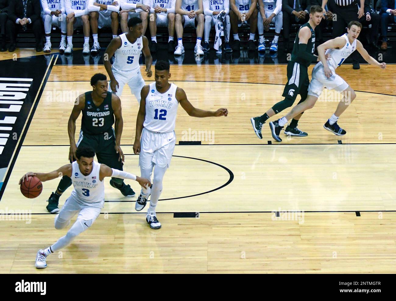 WASHINGTON, D.C. - MARCH 31: Duke Blue Devils guard Tre Jones (3) heads ...
