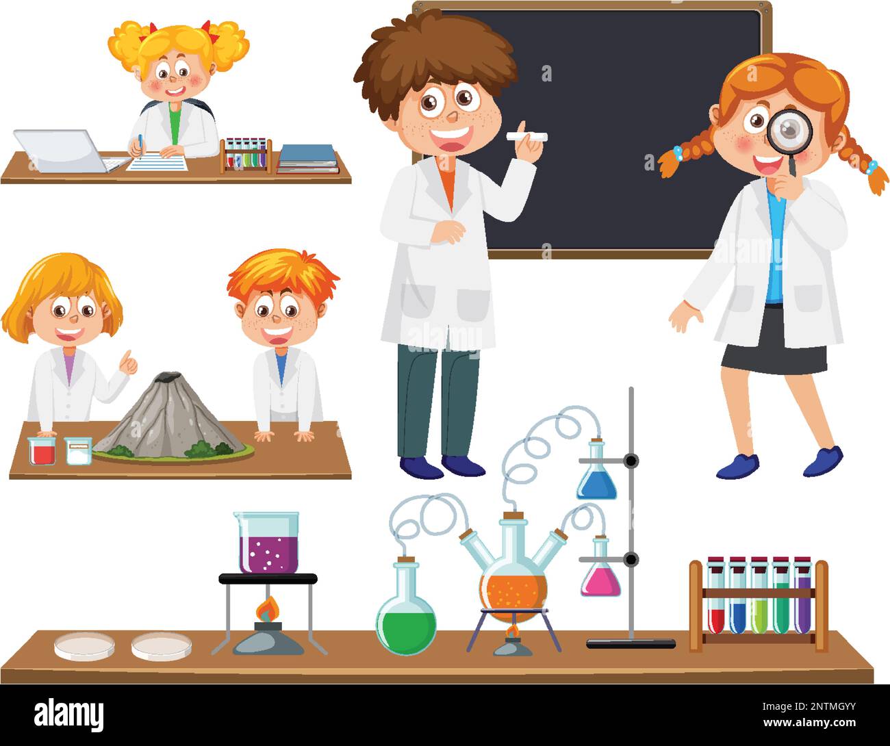 Scientist and student doing chemistry experiment illustration Stock ...