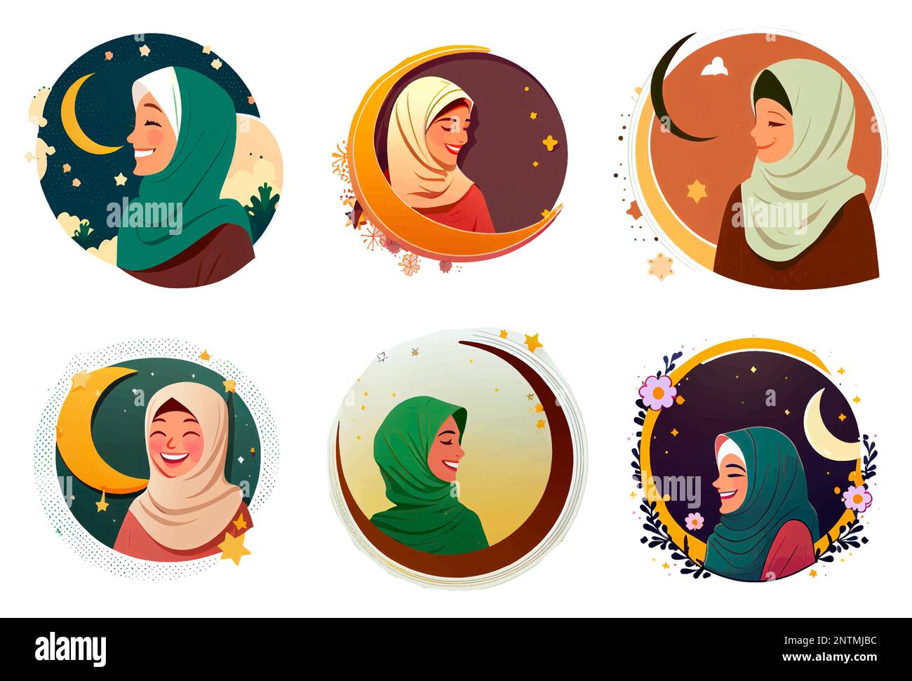 set vector illustration of muslim woman in hijab smile ramadan concept ...