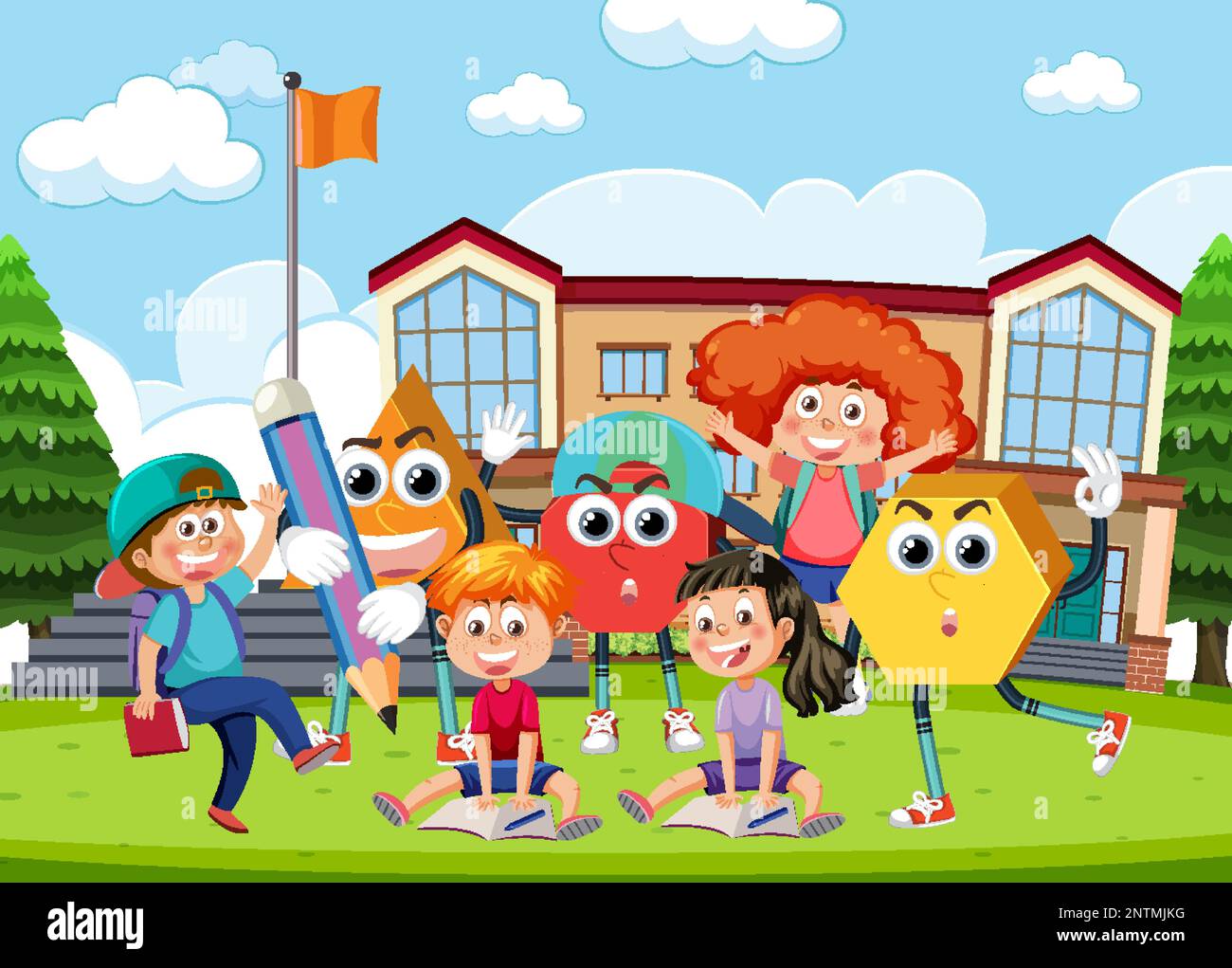 School kids with math theme outdoor background illustration Stock ...