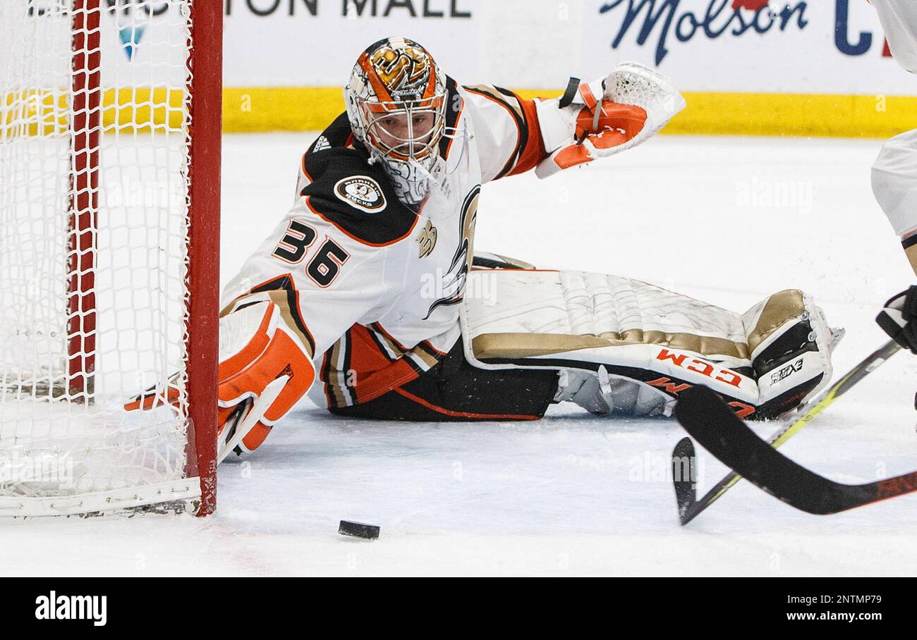 Anaheim Ducks' goalie John Gibson (36) makes a save against the ...