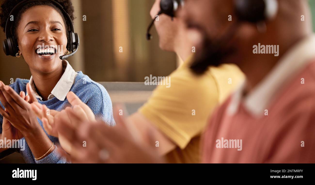 Congratulations, support and call center employees with an applause for ...