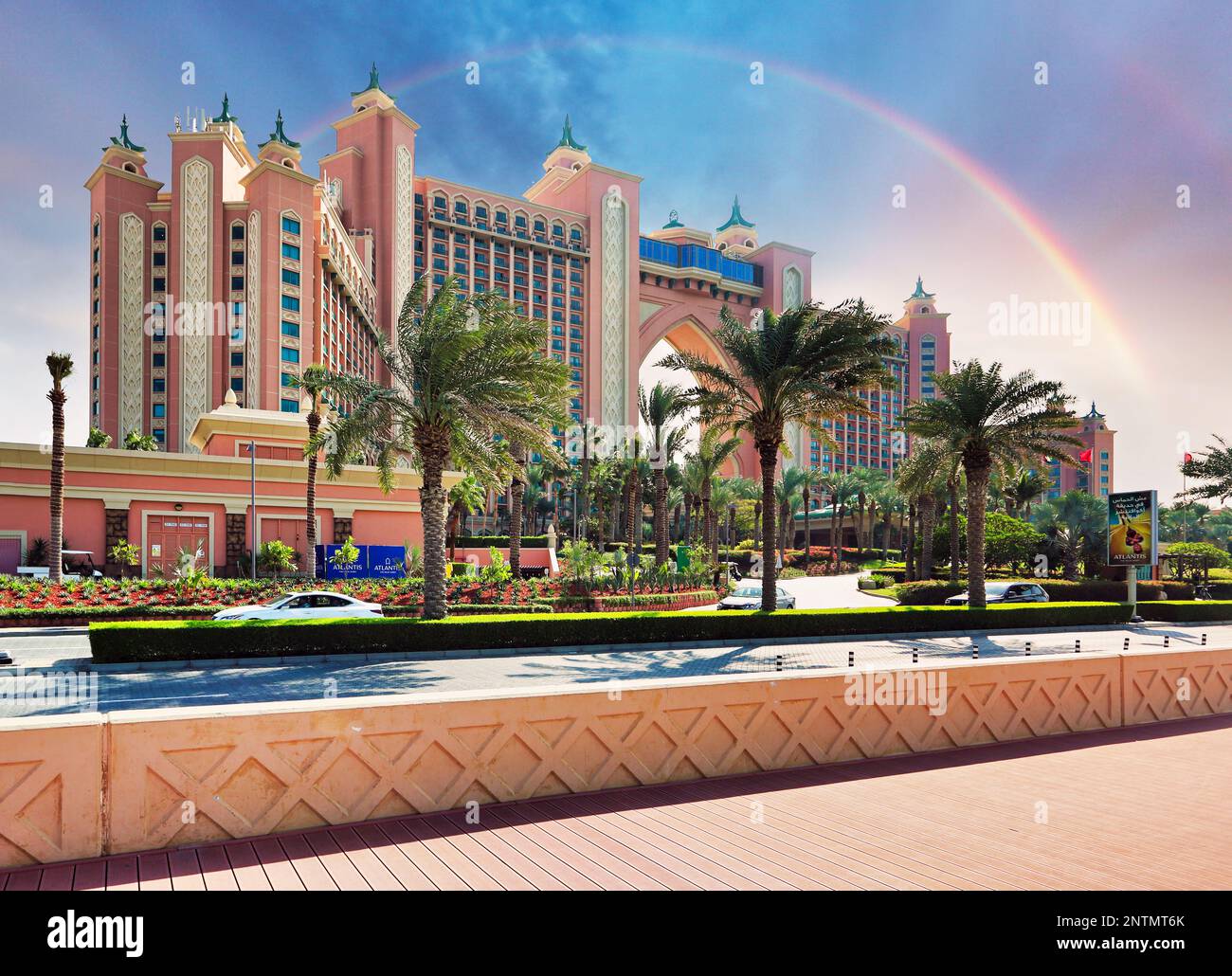Rainbow over hotel Atlantis the Palm in Dubai, United Arab Emirates ...