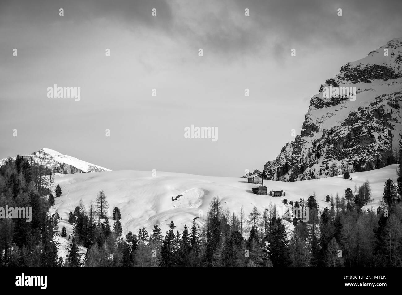 Alta Val Badia in winter. The village of La Val surrounded by the ...