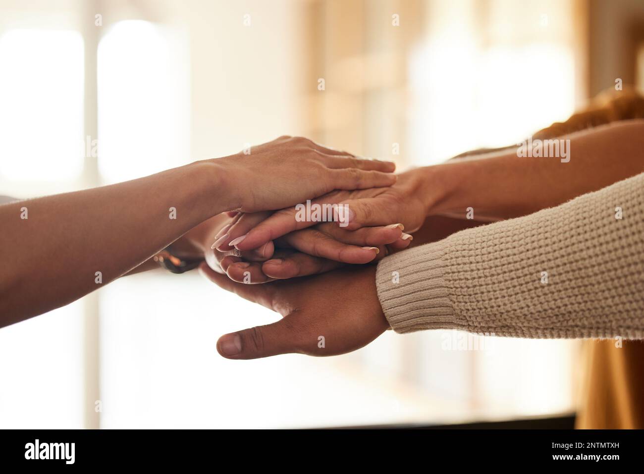 Hands together, teamwork and collaboration for support, solidarity and ...