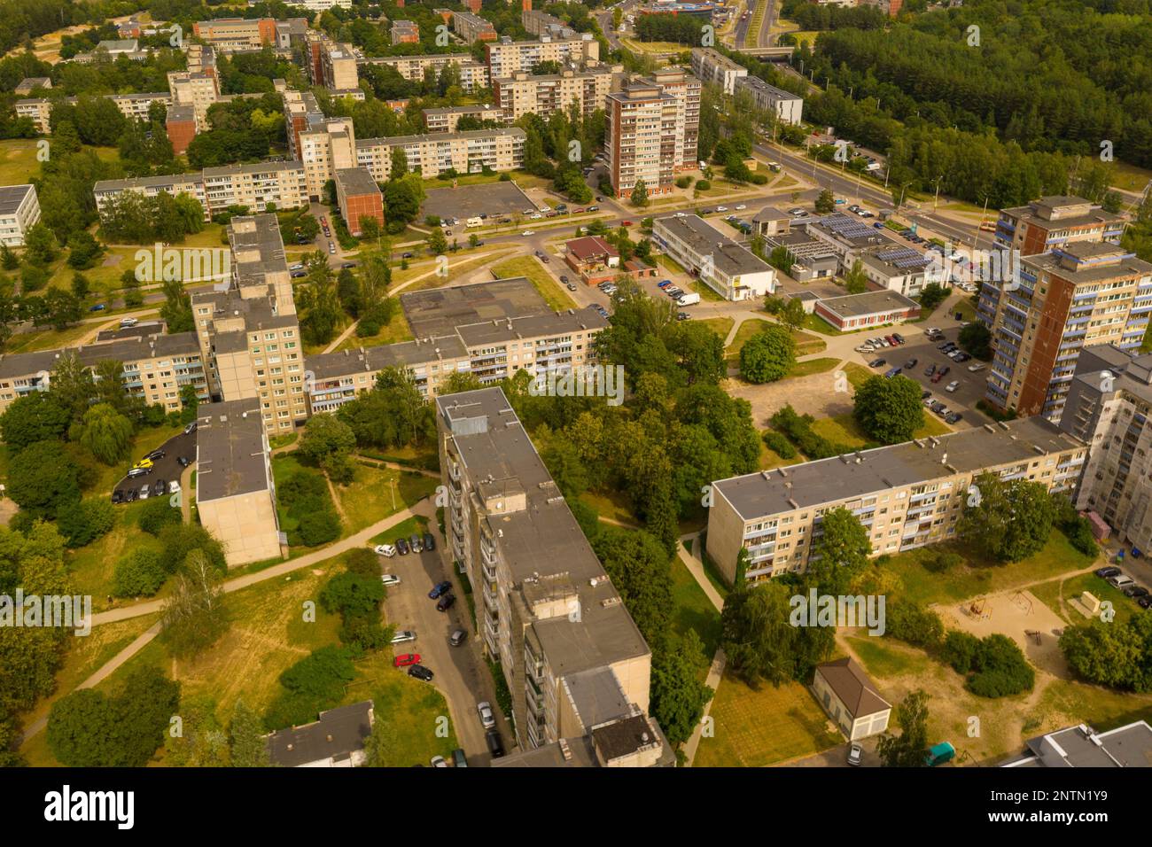 Drone photography of old multistory apartment block in eastern europe ...