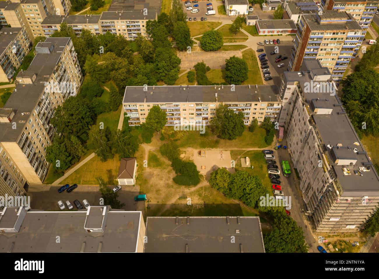 Drone photography of old multistory apartment block in eastern europe ...
