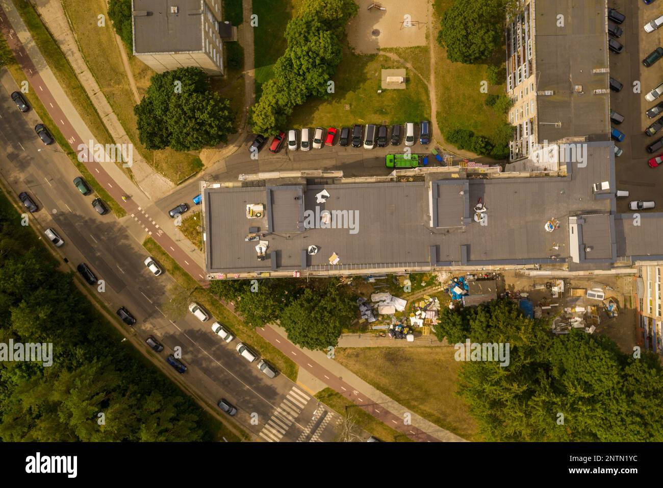 Drone photography of old multistory apartment block in eastern europe ...