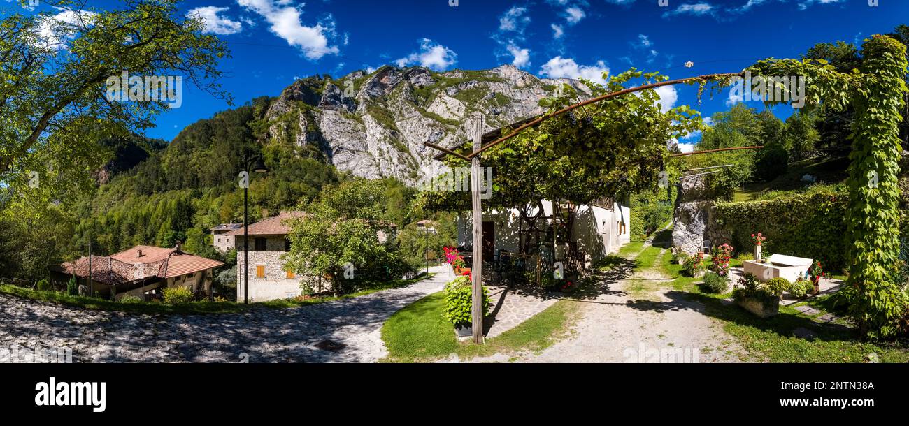 Panoramic view of farmers houses, small roads and trees of the village ...
