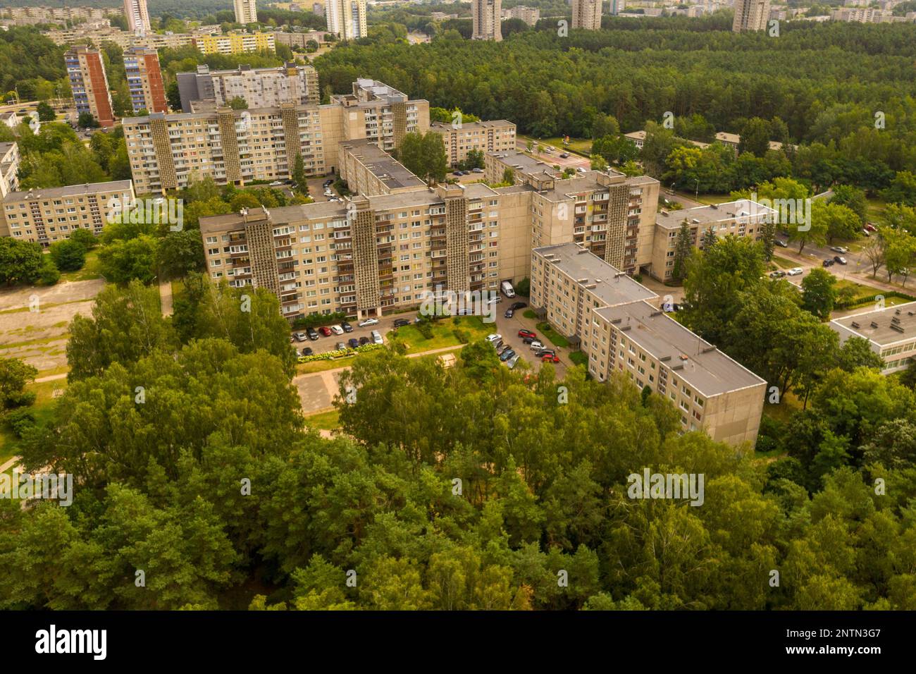 Drone photography of old multistory apartment block in eastern europe ...