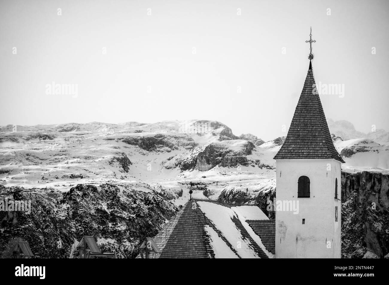Alta Val Badia in winter. The village of La Val surrounded by the ...