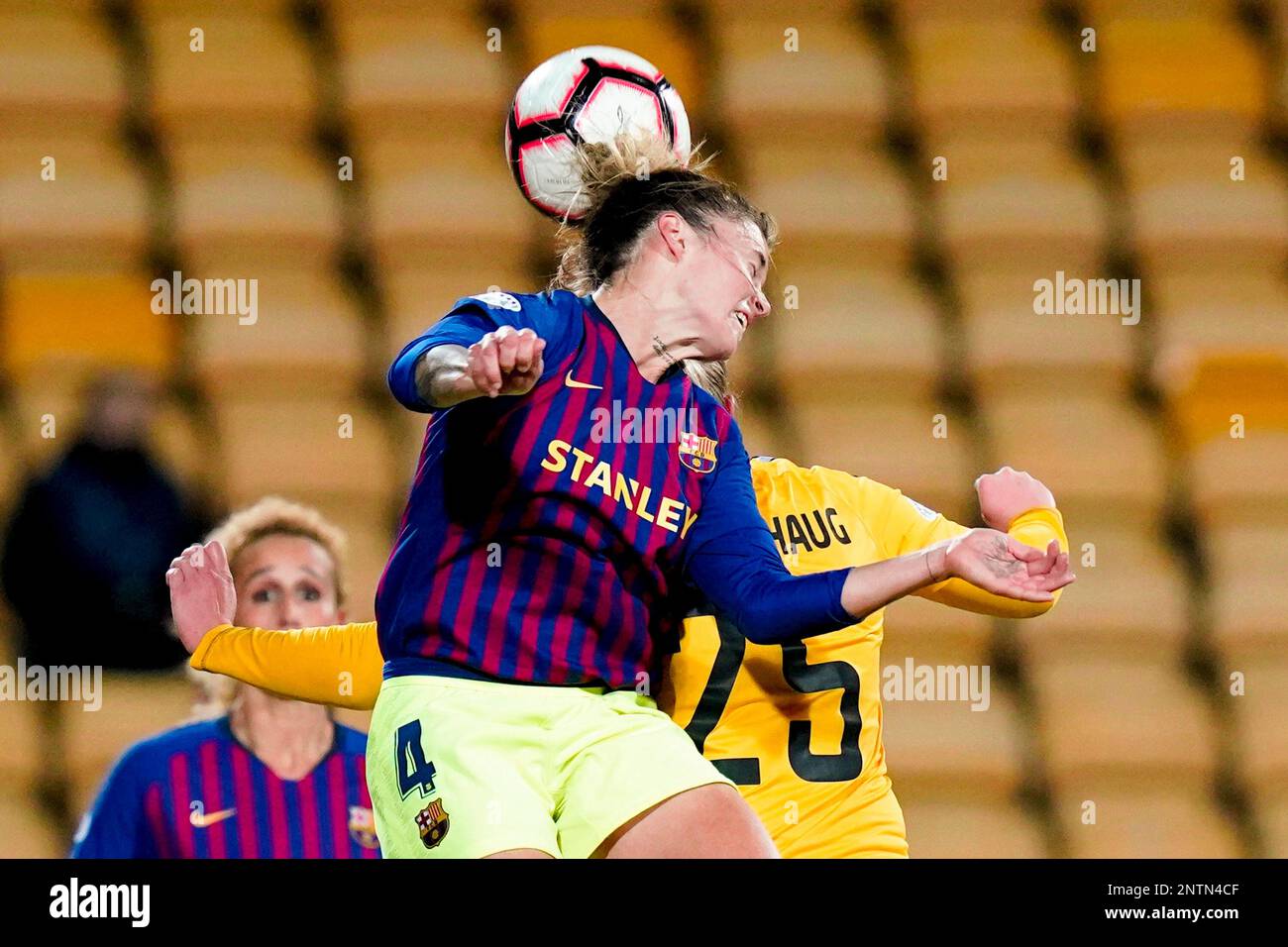 Maria León of Barcelona heads the ball at the match in Champions league ...