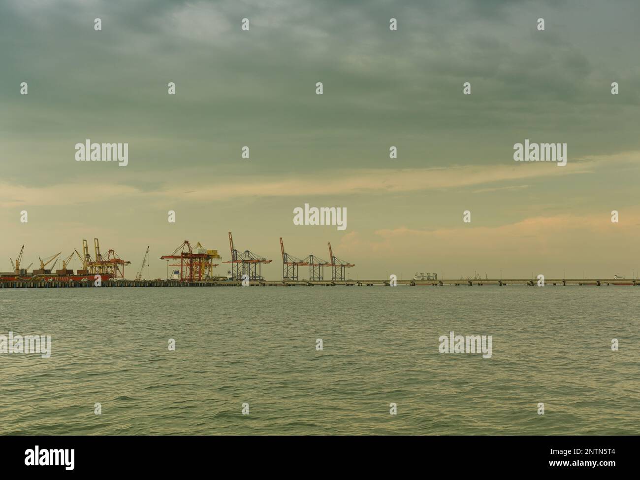 View of a working deep sea port in vintage colors, Loading and ...