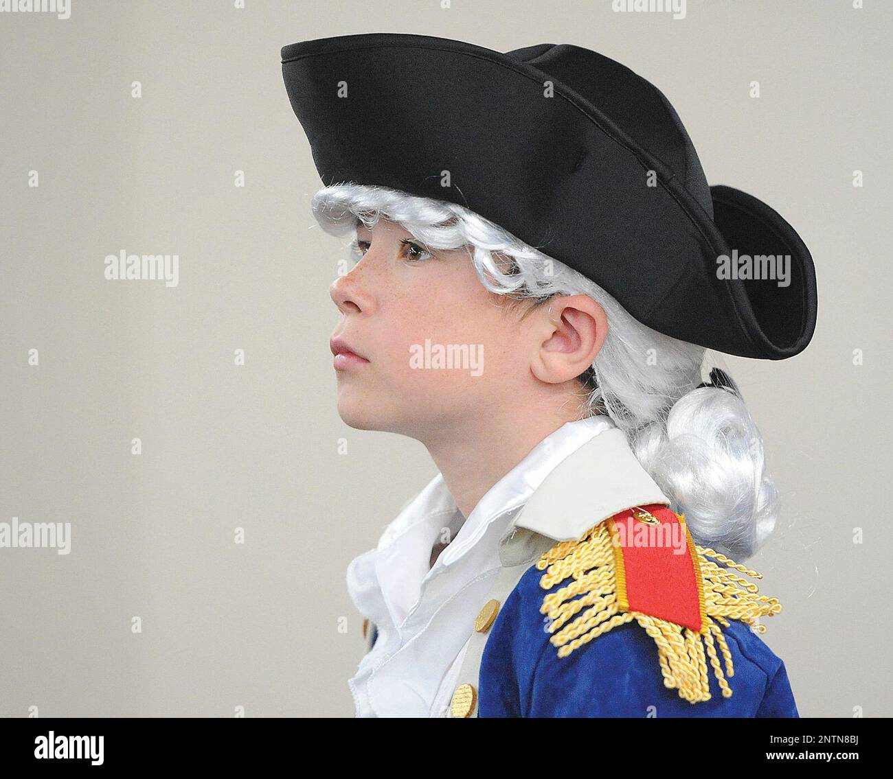 George Washington, played by Vance Geyer, holds perfectly still during ...