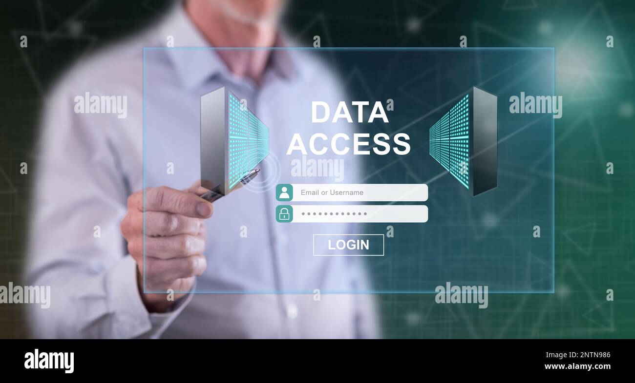Man touching a data access concept on a touch screen with a pen Stock ...