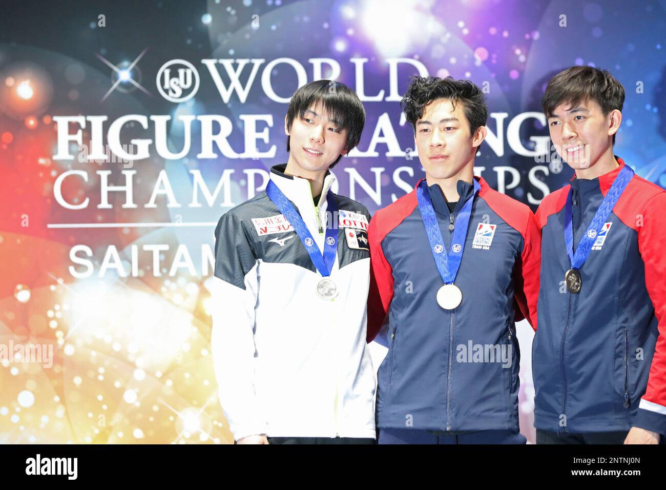 (L to R) Japan's Yuzuru HANYU, silver, U.S. Nathan CHEN, gold, and Vincent ZHOU, bronze, pose ...
