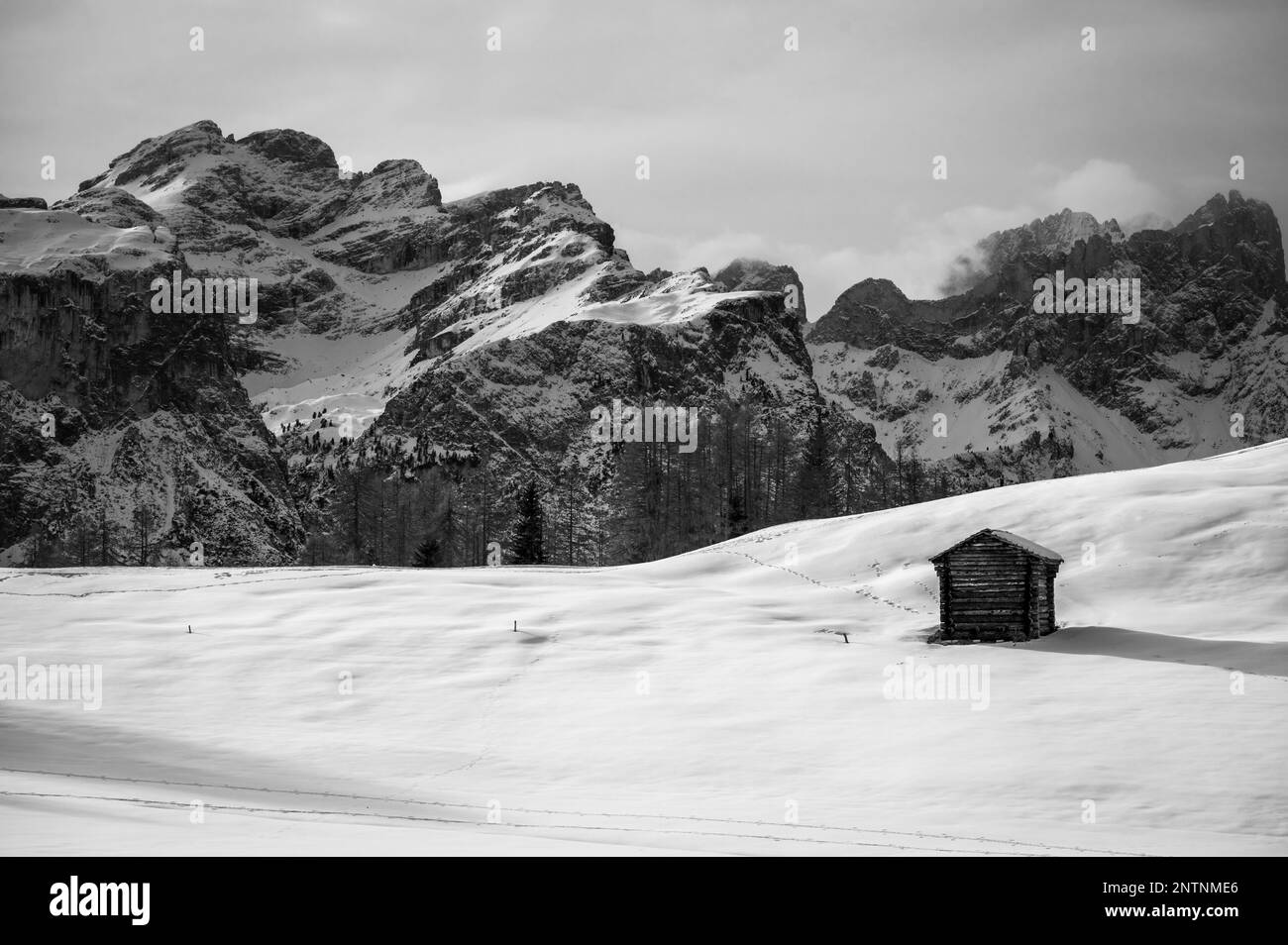 Alta Val Badia in winter. The village of La Val surrounded by the ...